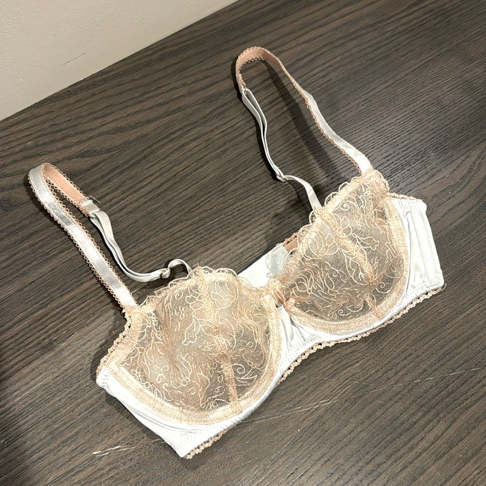 Blush Satin Blue Nude Sheer Balconette Bra 32c - Gem